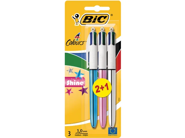 BIC balpen 4 Colours Shine, blister 2 + 1 gratis