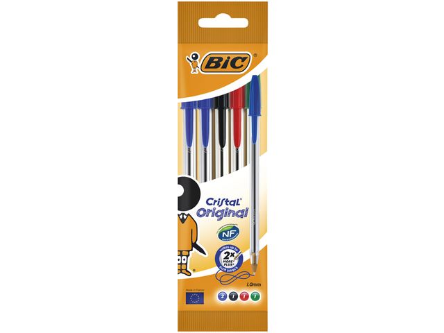 Balpen Bic Cristal medium assorti blister à 5 stuks | DiscountOffice.nl