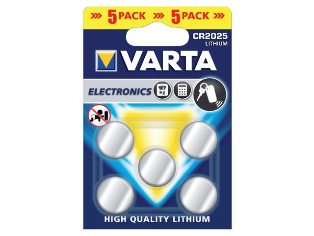 Batterij Varta knoopcel CR2025 lithium blister à 5 stuks ... Batterij Varta knoopcel CR2025 lithium blister à 5 stuks ...