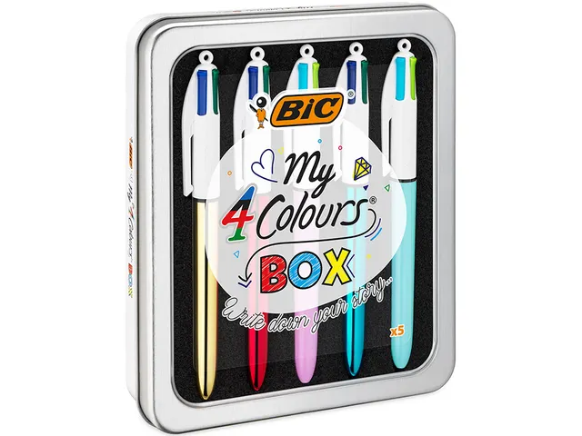 Balpen Bic 4kleuren My Bic medium assorti blik à 5 stuks