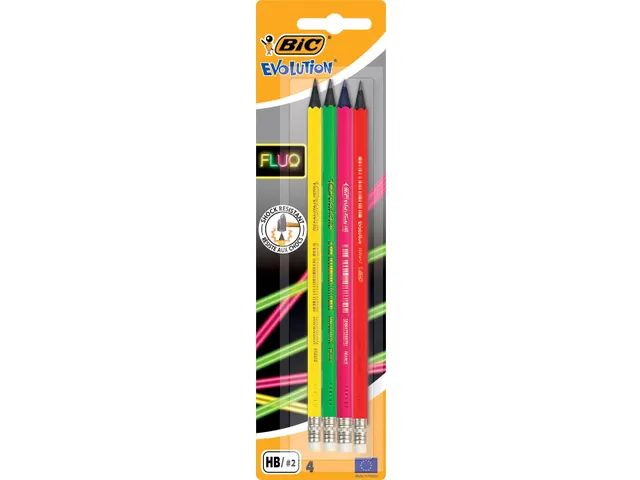 BIC potlood met gum Evolution fluo, blister met 4 stuks