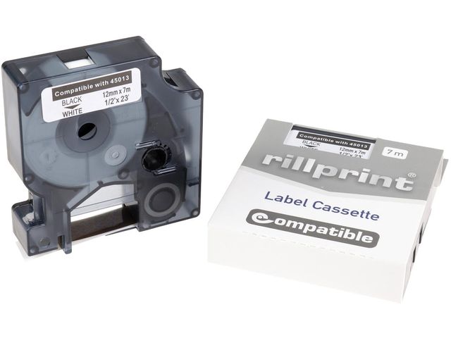 Rillprint compatible D1 tape voor Dymo 45013, 12 mm, zwart op wit | DiscountOffice.nl