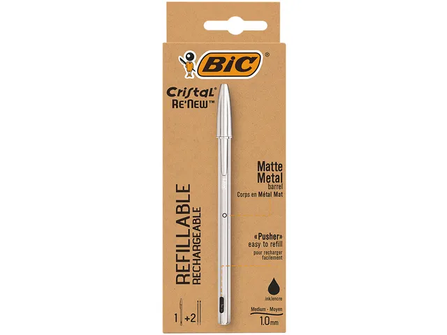 Balpen Bic Cristal Re-new medium zwart blister à 1 balpen + 2 vulling