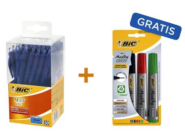 Balpen Bic M10 clic medium blauw valuepack à 50 stuks incl 4 st vilts