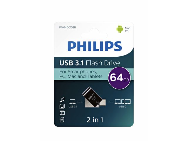 USB-stick 3.1 Philips USB-C 2-in-1 midnight black 64GB | DiscountOffice.nl